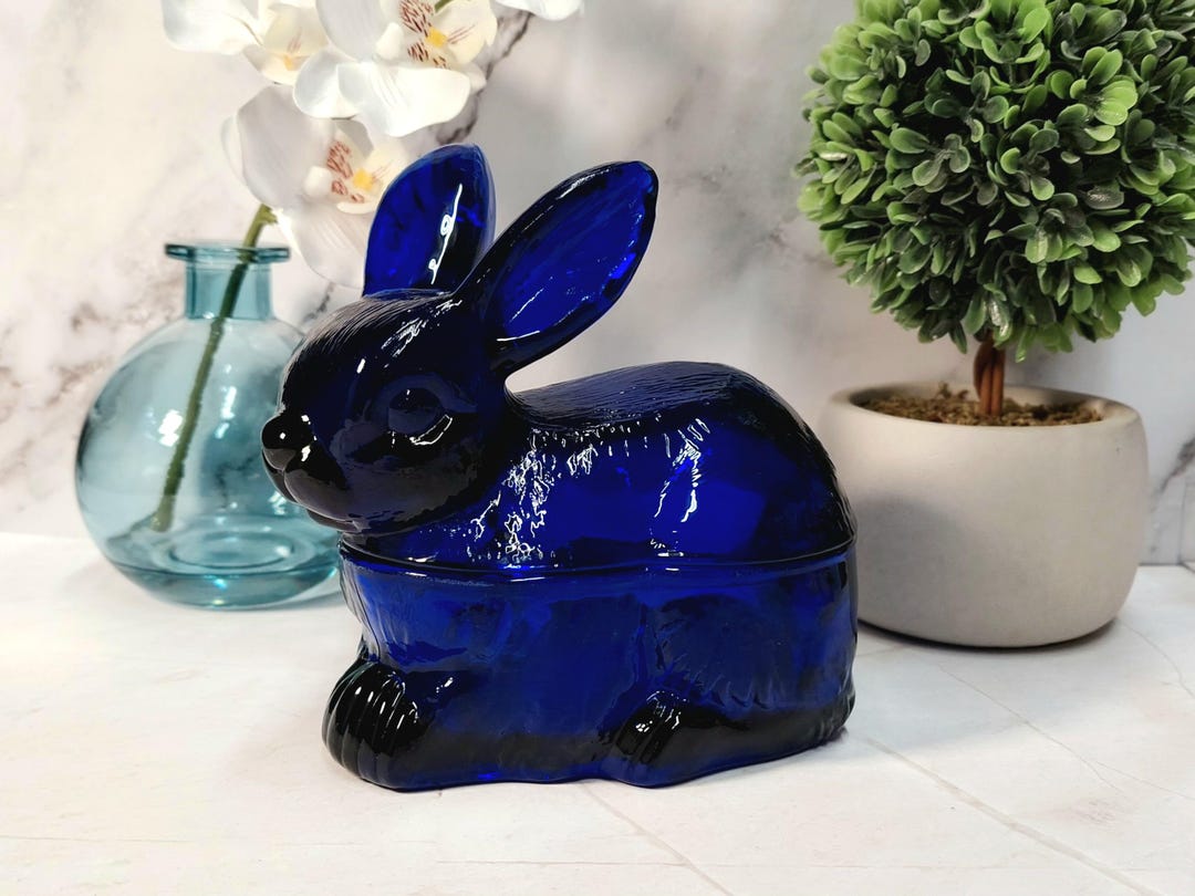 Cobalt Blue Glass Bunny Rabbit Candy Dish With Lid, Vintage Farmhouse ...