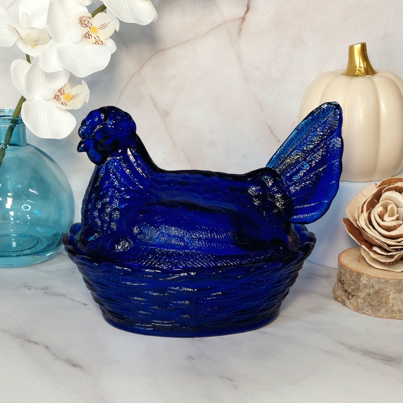 Cobalt Blue Depression Style Glass Nesting Chicken Hen Nest Candy Dish ...