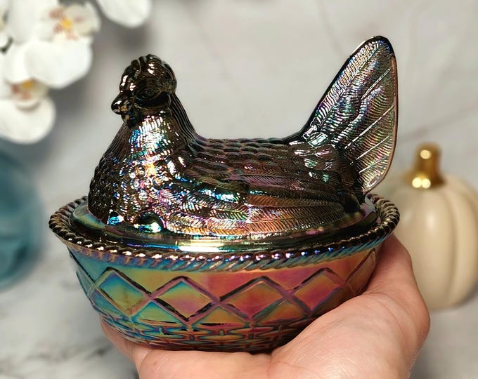 Carnival Glass Hen on Nest Chicken Candy Dish - Vintage Style ...