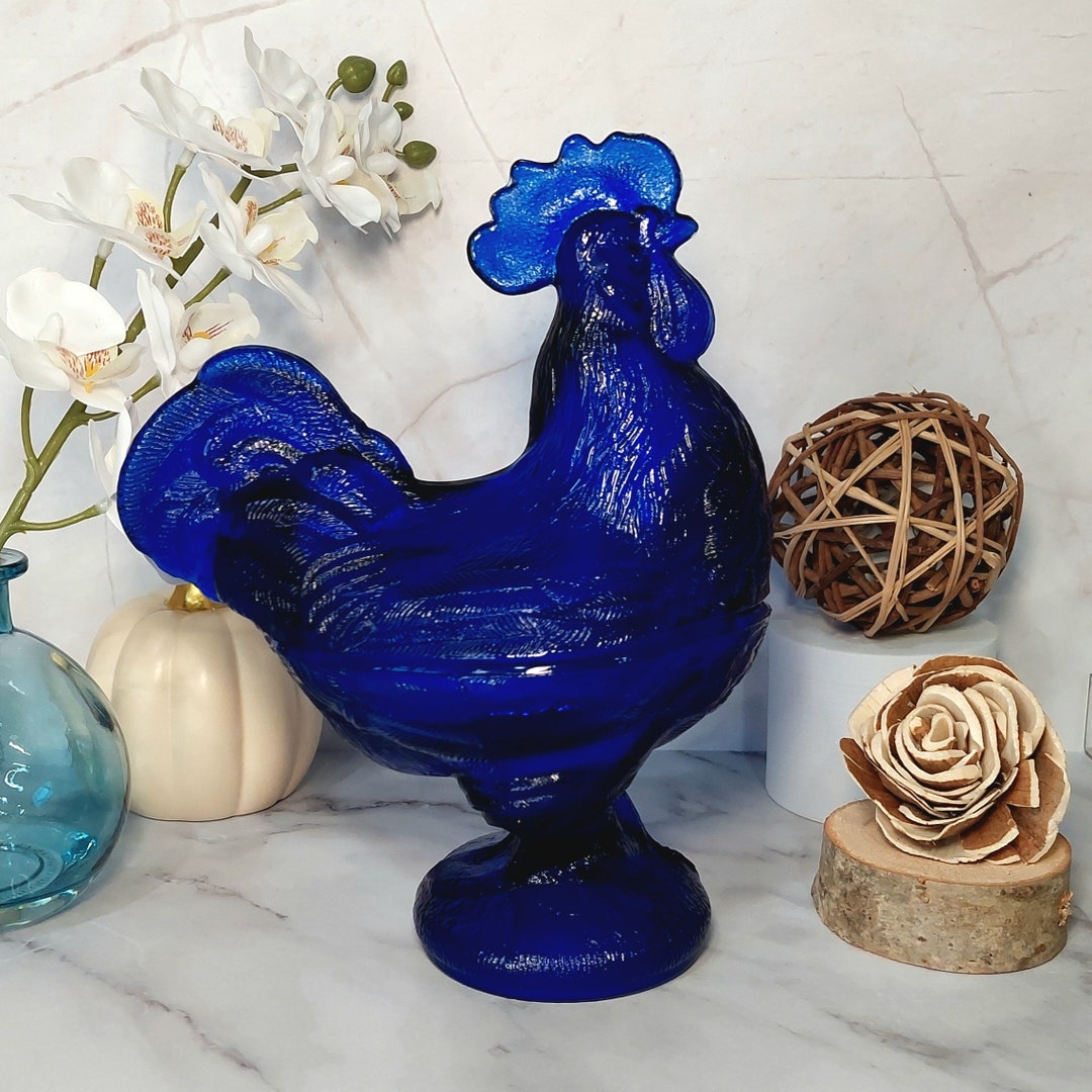 Cobalt Blue Depression Style Glass Rooster Chicken Covered Candy Dish ...