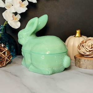 Jadeite Depression Style Glass Bunny Rabbit Covered Candy Dish With Lid ...