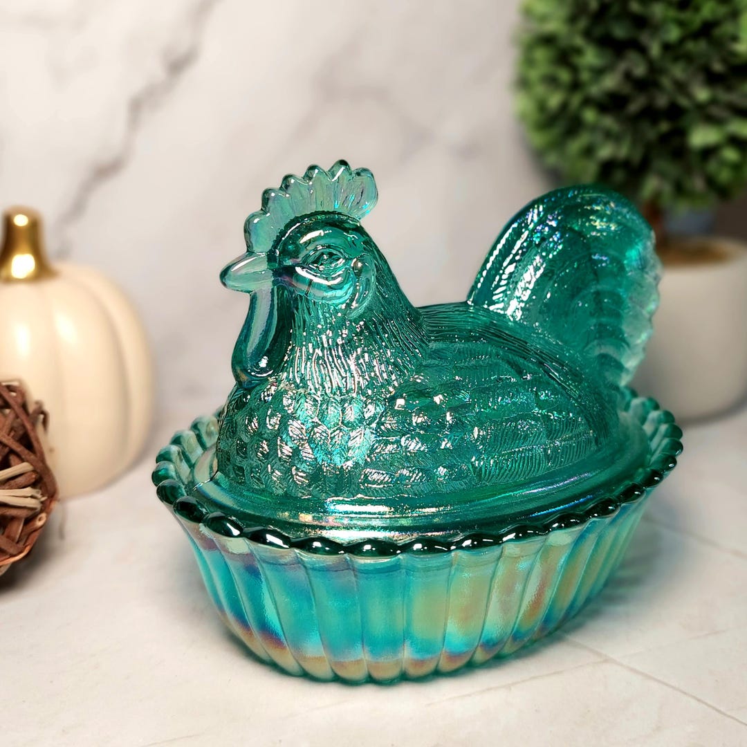 Carnival Glass Depression Style Chicken Rooster Candy Dish, Teal ...