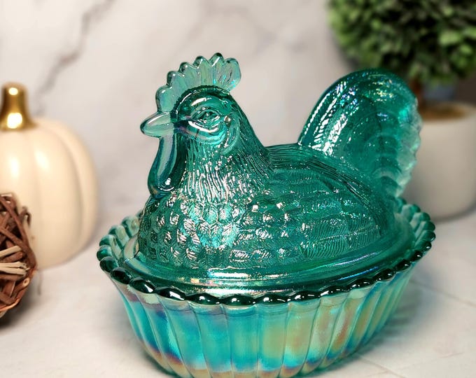Carnival Glass Depression Style Chicken Rooster Candy Dish, Teal ...