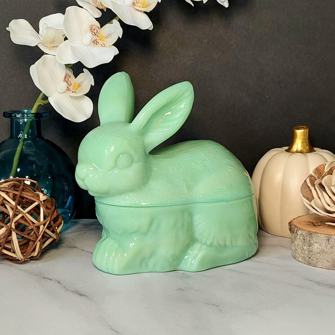 Jadeite Depression Style Glass Bunny Rabbit Covered Candy Dish With Lid ...