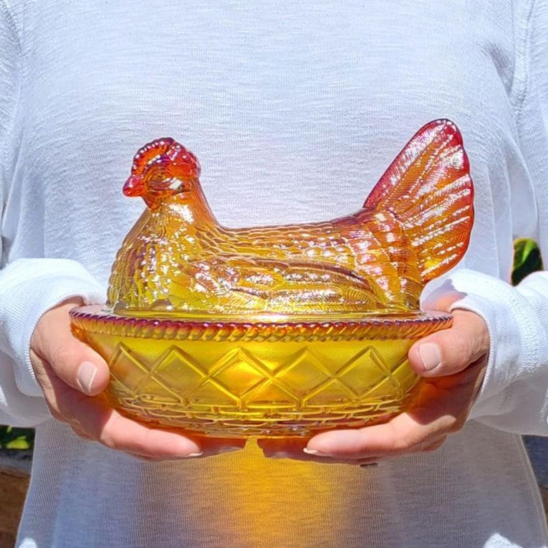GIANT Marigold Carnival Glass Depression Style Hen on Nest Chicken ...