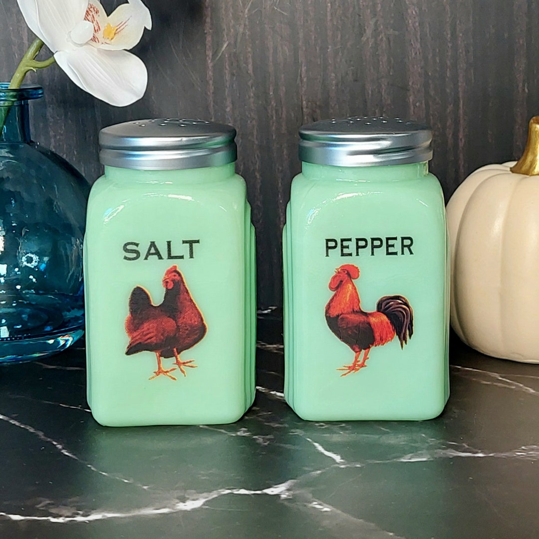 Jadeite Depression Style Glass Hen and Rooster Salt & Pepper Shaker Set ...