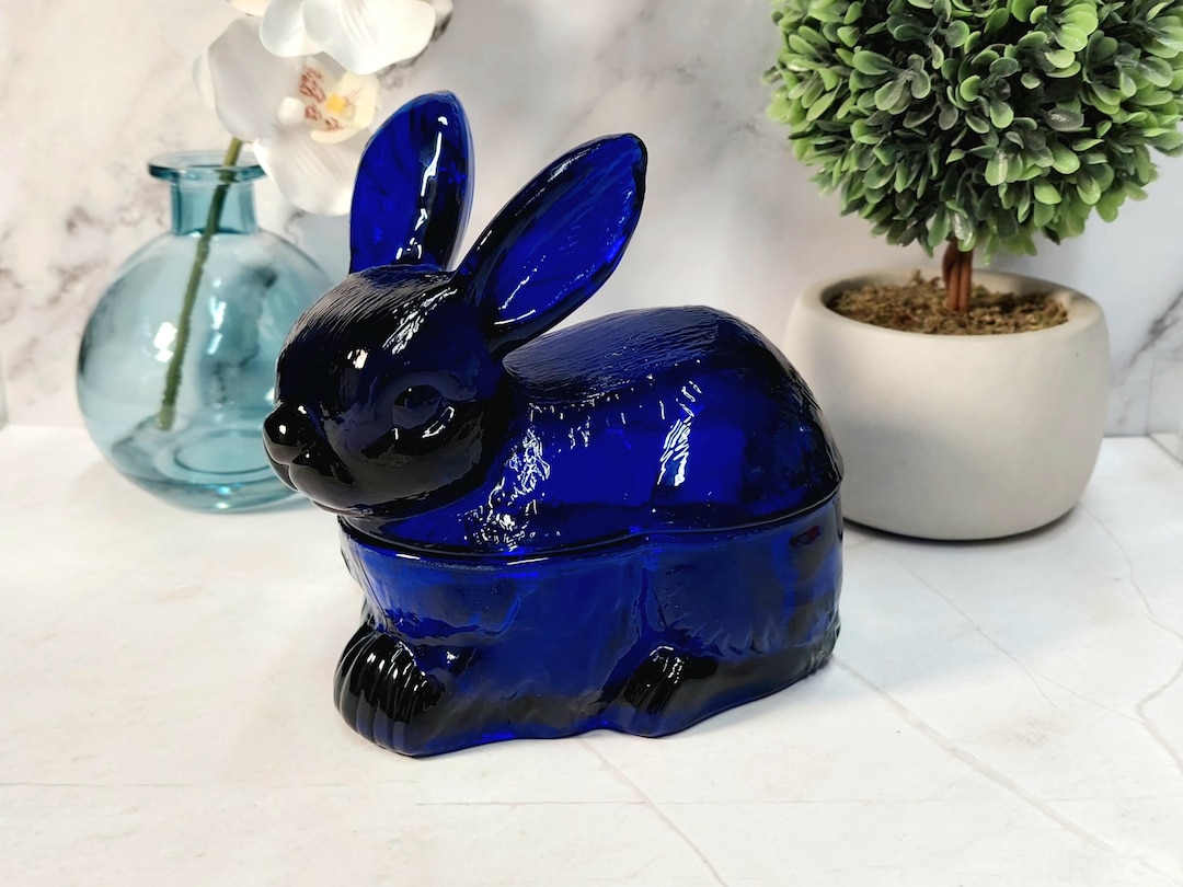 Cobalt Blue Glass Bunny Rabbit Candy Dish With Lid, Vintage Farmhouse ...