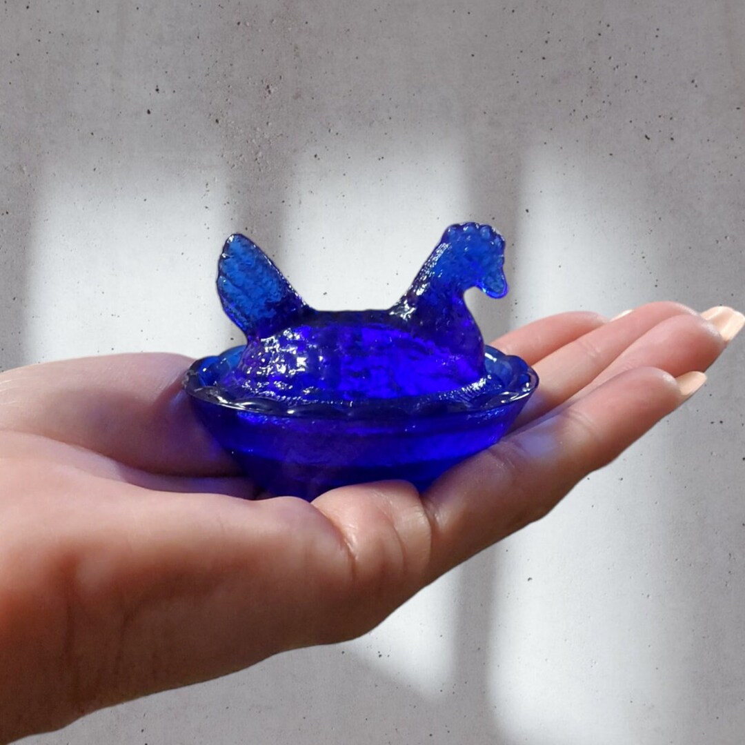 Cobalt Blue Glass Hen on Nest Chicken Salt Cellar Dip Dish - Vintage ...