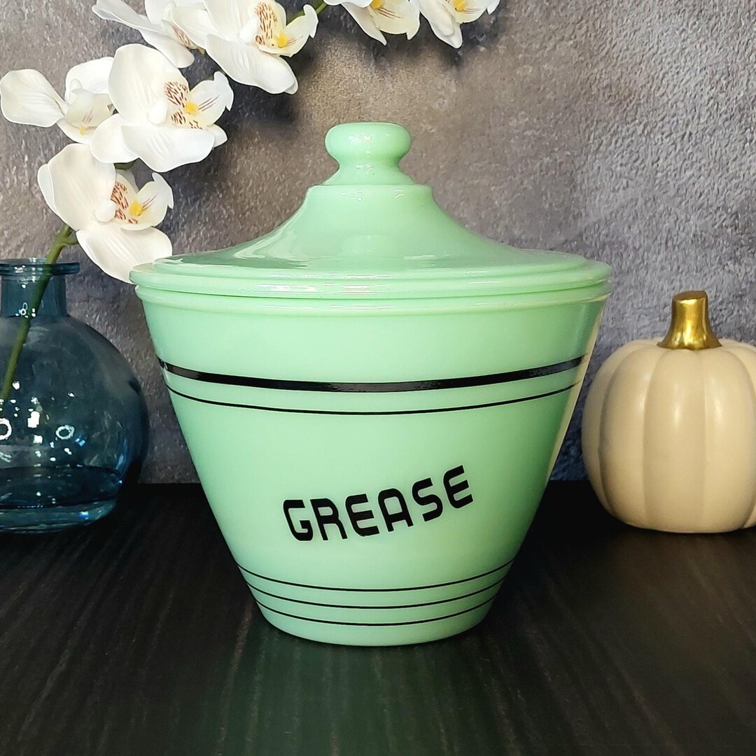 Jadeite Green Depression Style Glass Grease Jar With Lid, Black Band ...