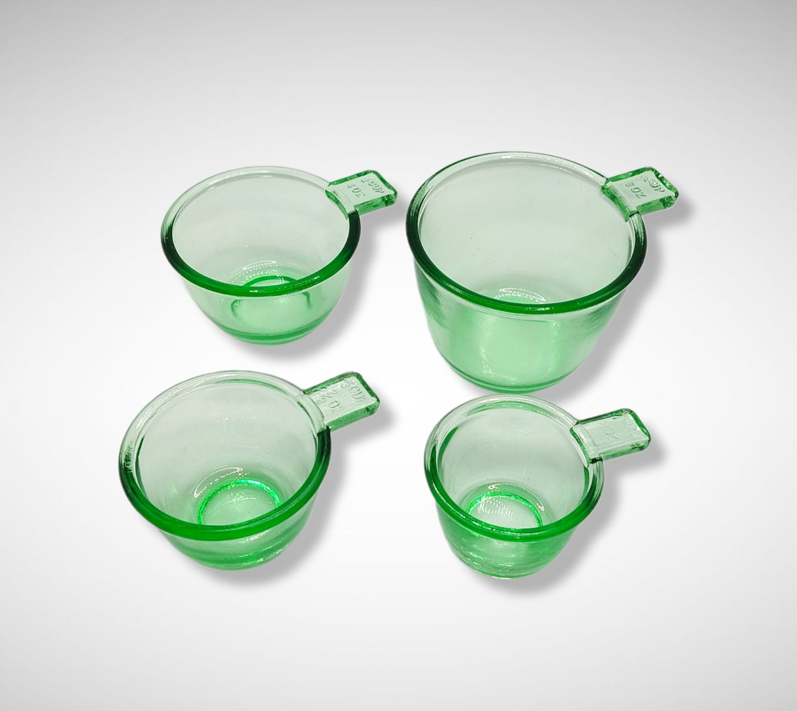 Green Depression Style Glass 4 PC Nesting Measuring Cup Set W/ Markers ...