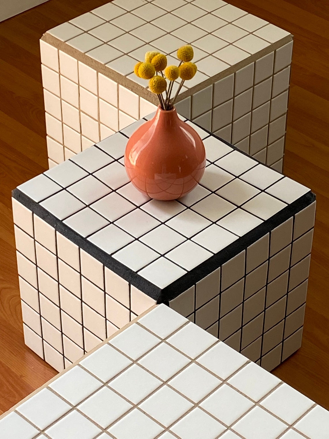 Handmade Tiled Side Table White Tile W/ Beige Grout Cube - Etsy