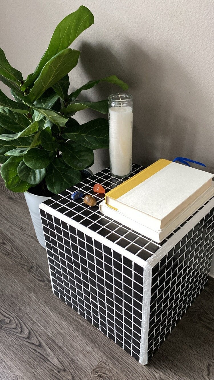 Handmade Tiled Side Table — Black Tile Table With White Grout — Cube ...