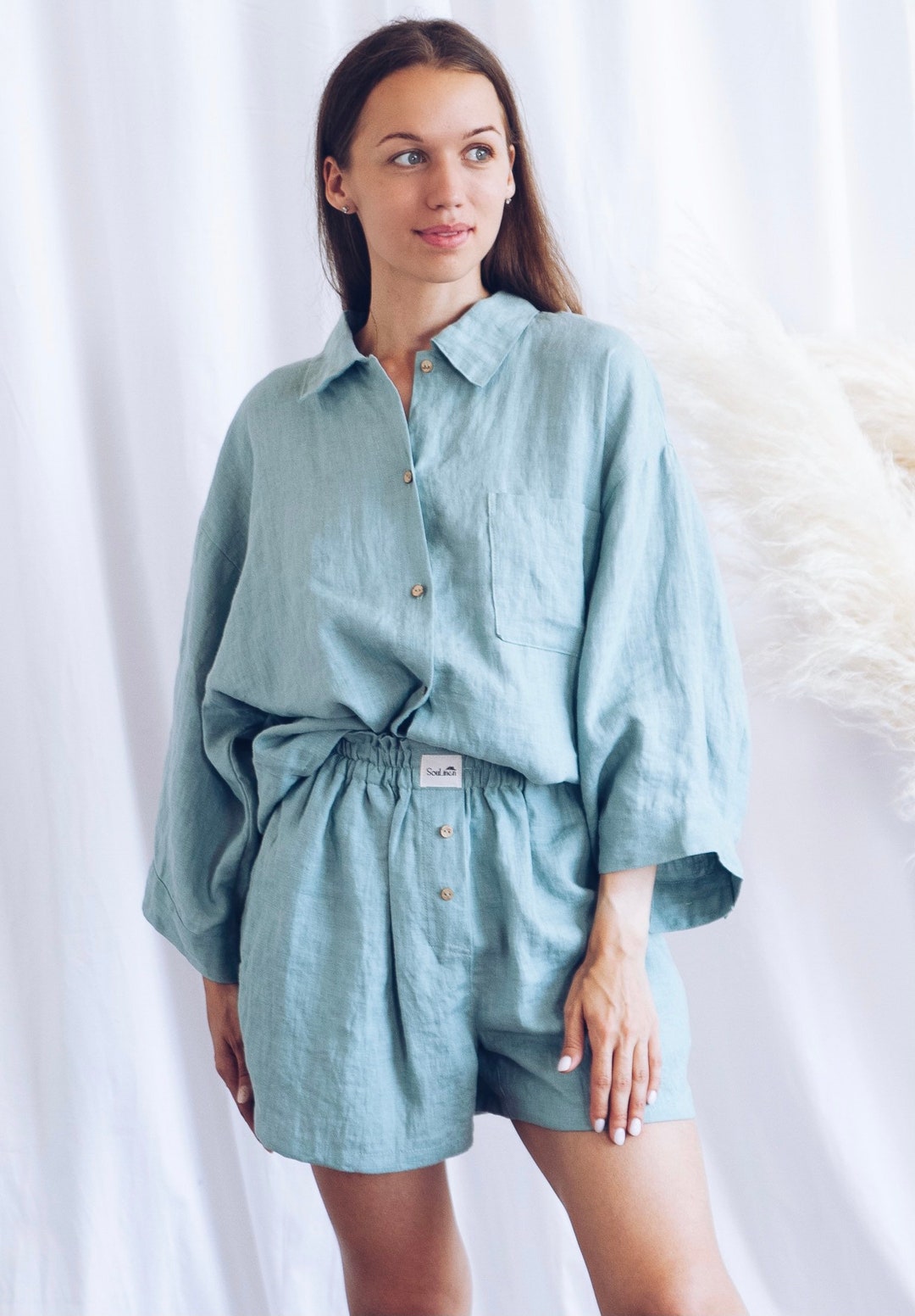 Two-piece Linen Set Linen Shirt Linen Shorts Oversized - Etsy