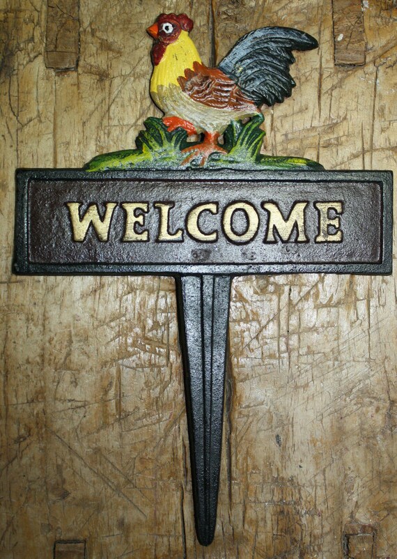 1 Cast Iron ROOSTER WELCOME Sign Garden Home Decor CHICKEN Plaque Hen ...