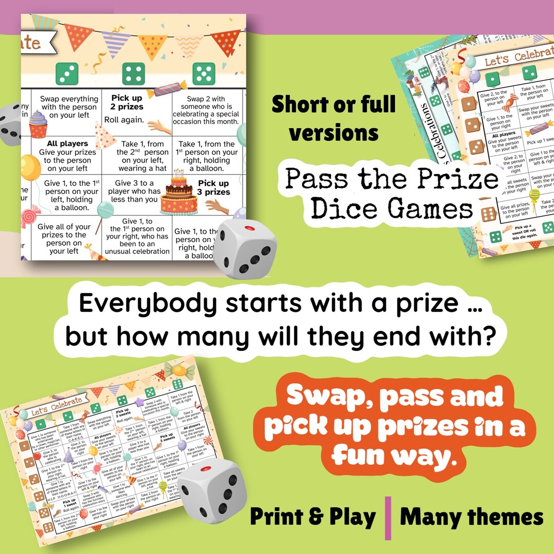 2 Pass the Prize, Party Dice Game Sheets to Use With Sweets, Tokens Etc ...