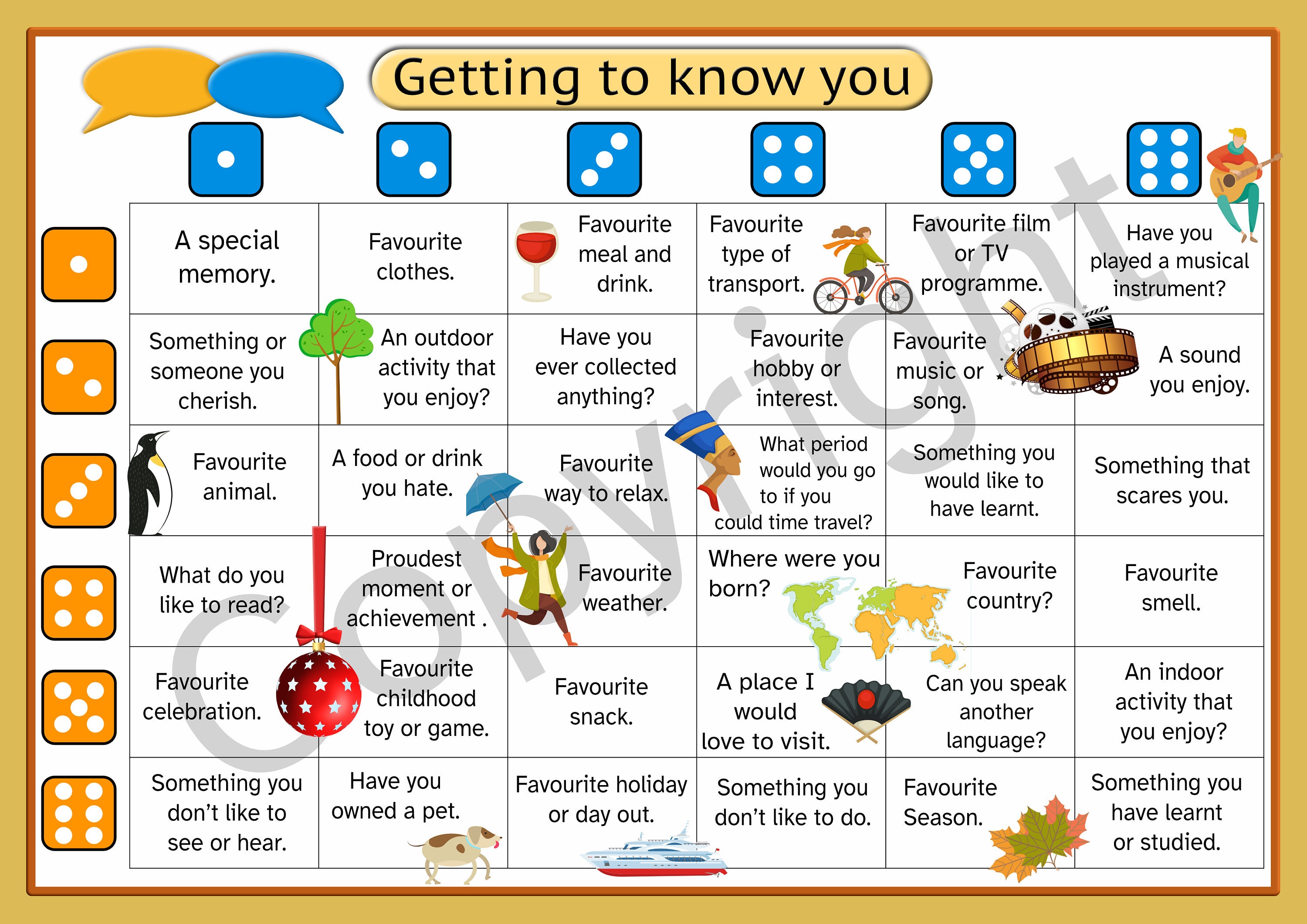 Getting to Know You. A Dice Game Conversation Starter. Great for Team ...