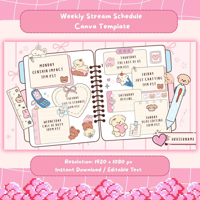 Kawaii Pink Twitch Stream Schedule Template | Editable Weekly Planner ...