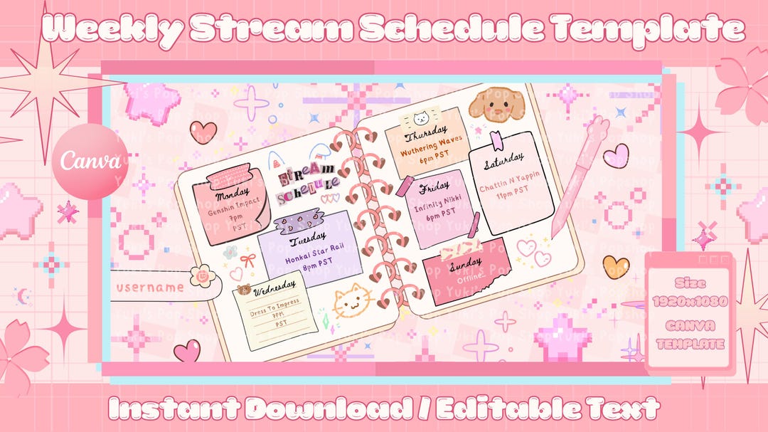 Kawaii Pink Twitch Stream Schedule Template | Editable Weekly Planner ...