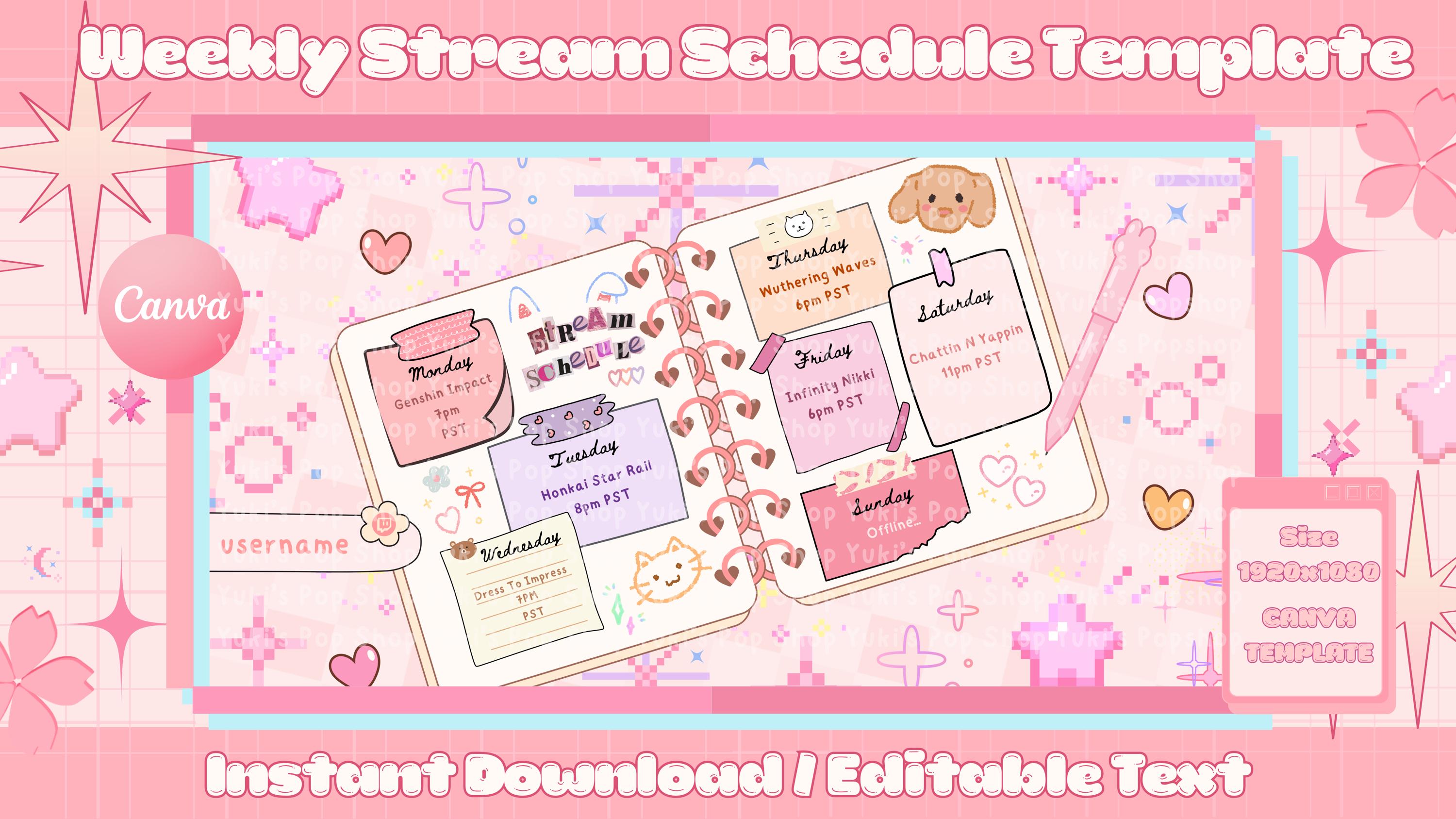 Kawaii Pink Twitch Stream Schedule Template | Editable Weekly Planner ...