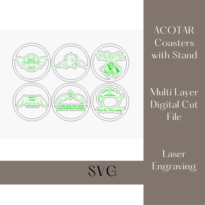 SVG 6 ACOTAR Coasters, Book, Shelf Decor, Laser Cut, A Court of Thorns ...