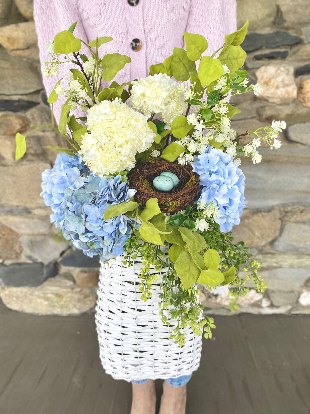 Spring Hanging Basket, Birds Nest Wreath, Blue Hydrangea Hanging Basket ...