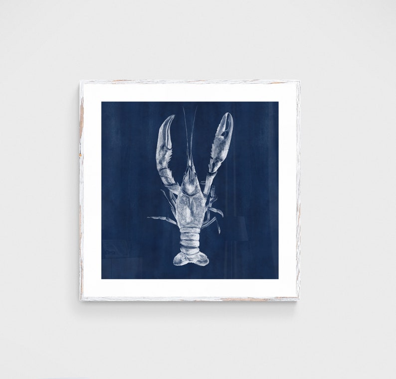 Navy Blue Watercolor Crawfish Print, Blue Coastal Wall Art Digital ...
