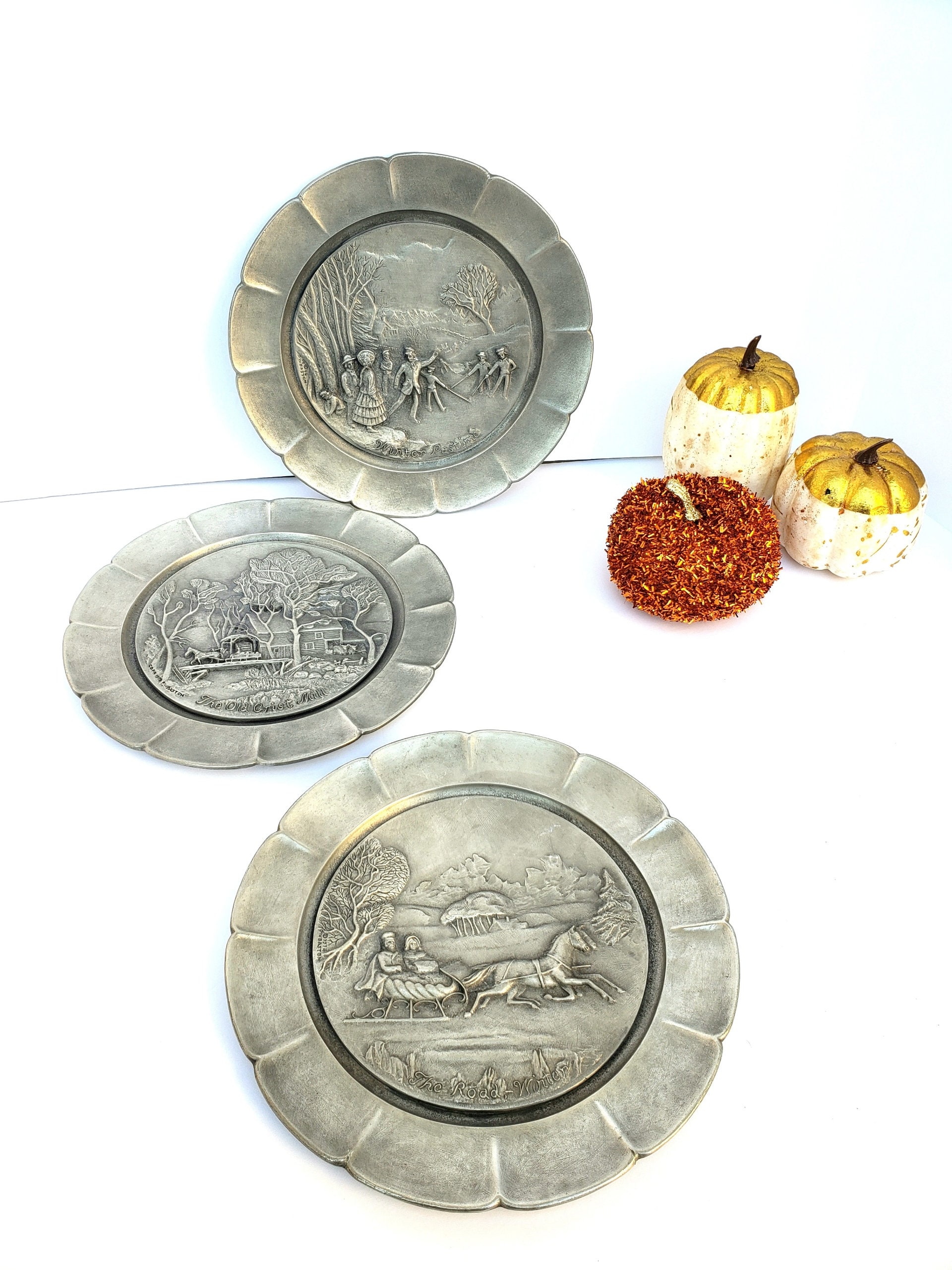 Vintage Pewter Plate Collection, Set of 3 Pewter Plates ,currier & Ives ...