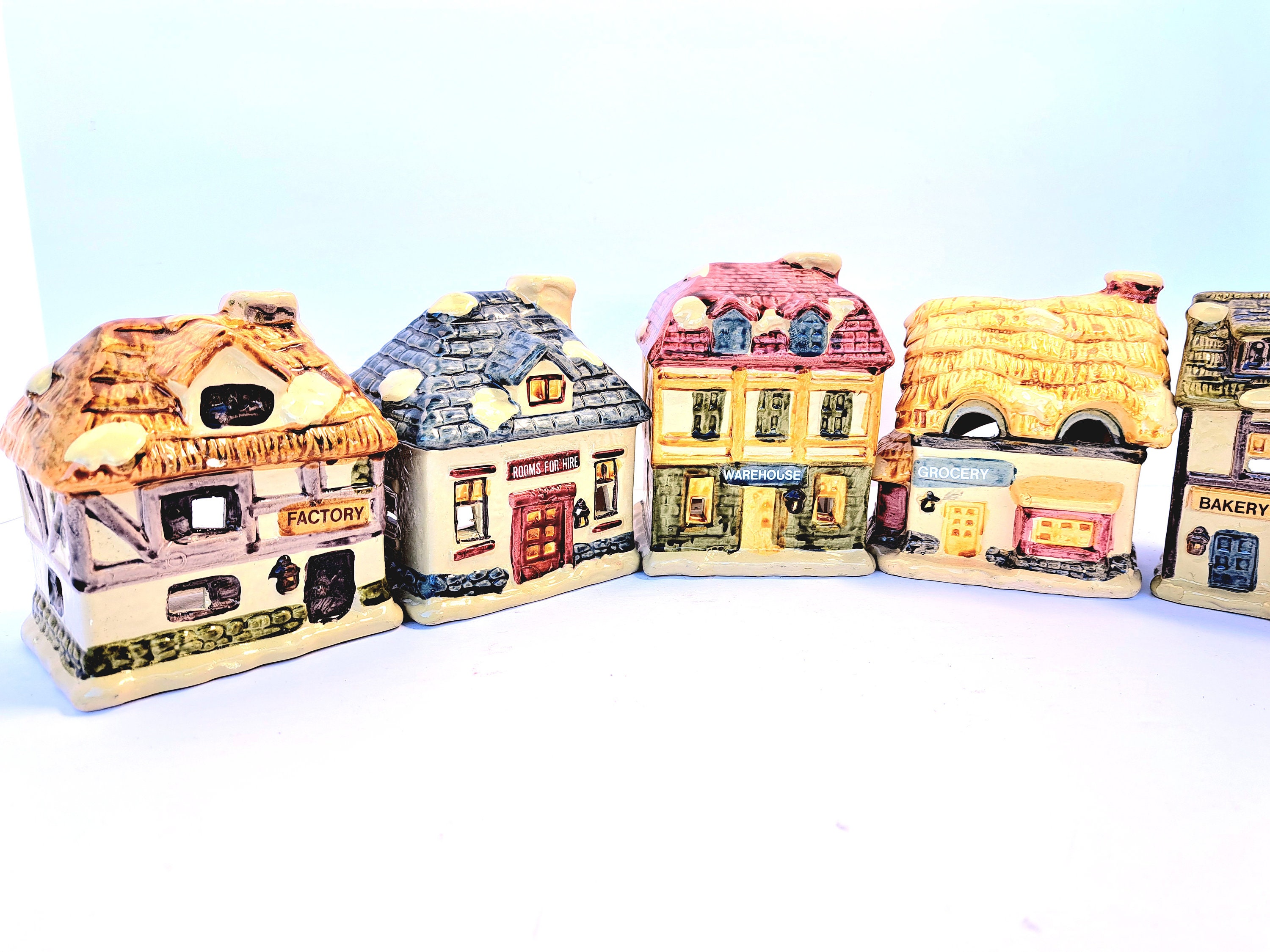 Village Tea Light Houses, Set of 5, Christmas Village, Ceramic Tealight ...