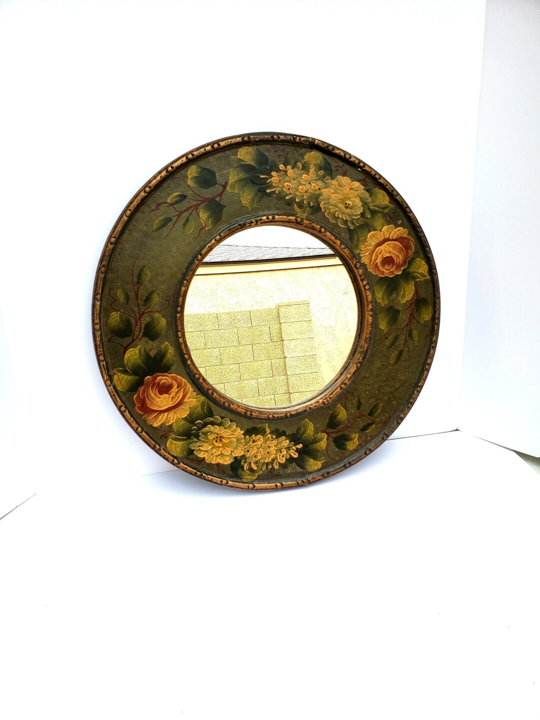 Vintage Decoupage Round Mirror, Mirror With Roses, Olive Green, Floral ...