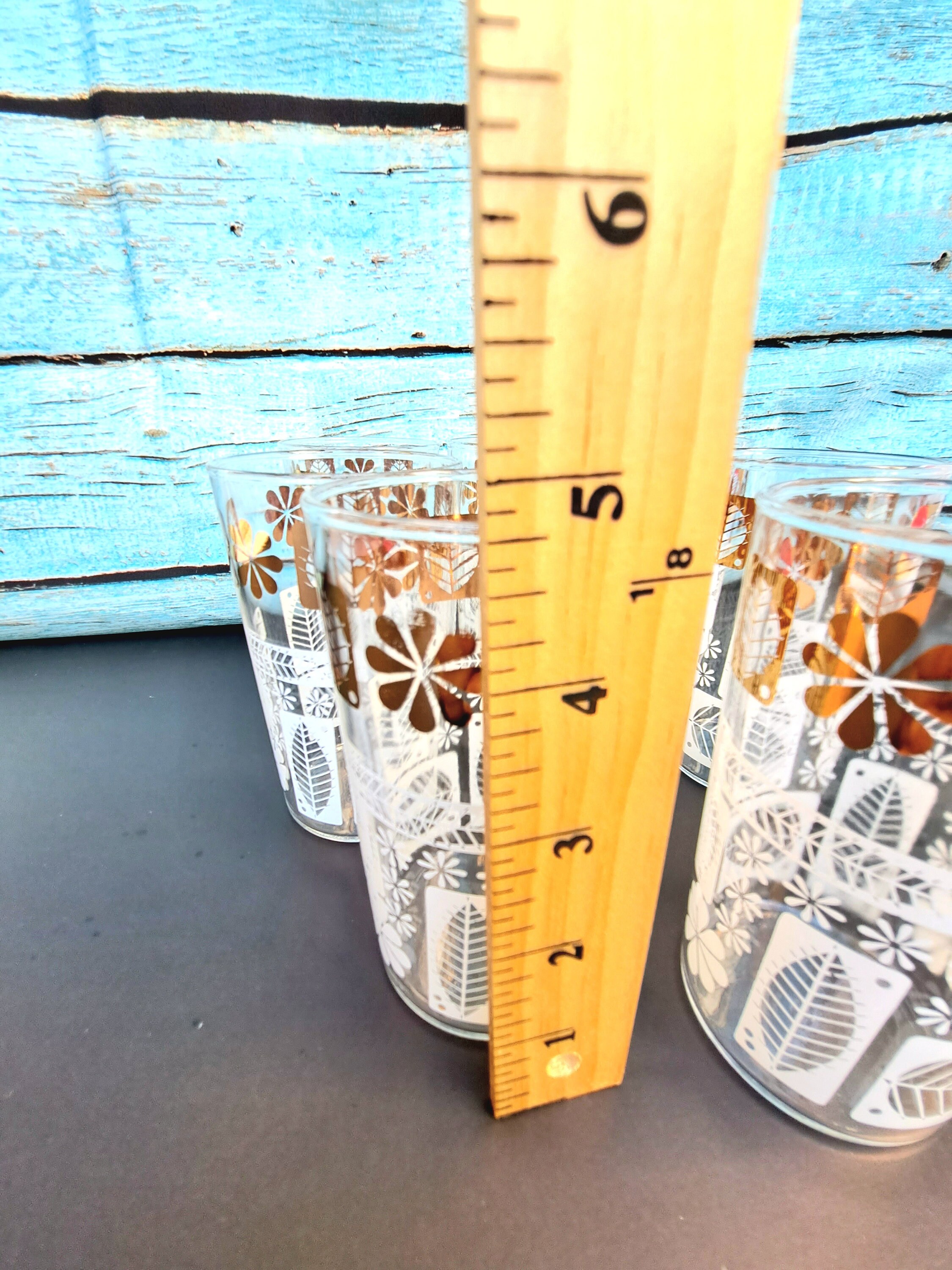 Vintage Gold Rimmed Glasses Water Glasses Etched Glass Mid Century Modern Set Of 8