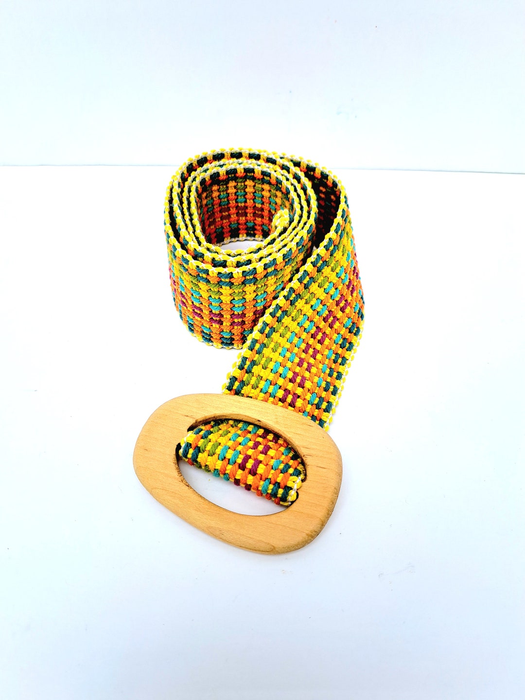 Colorful Cotton Belt, Wooden Belt Buckle, Vintage Belt, Rainbow Colors ...