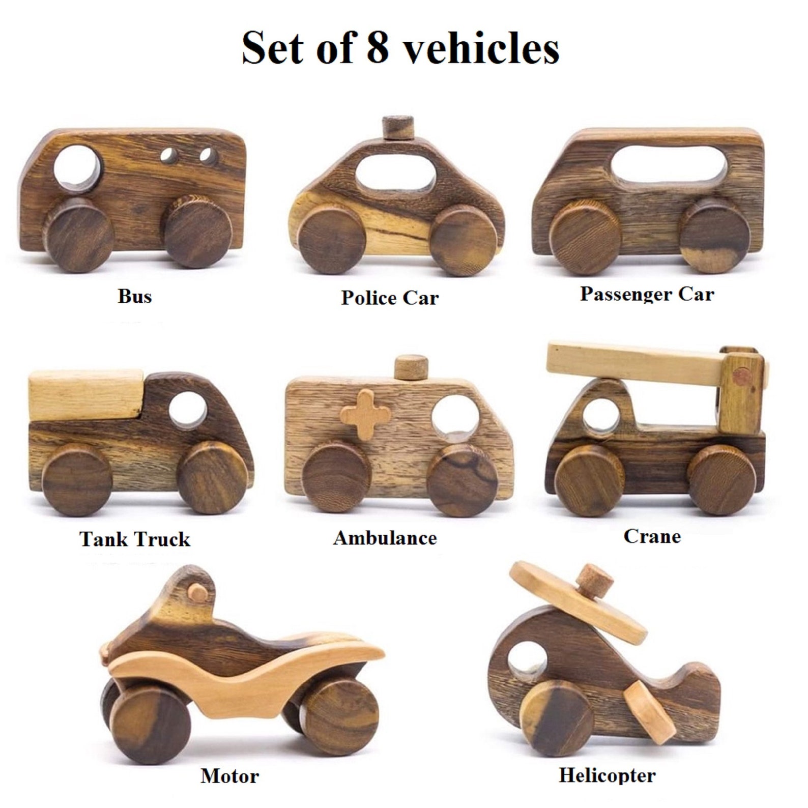 Wooden Cars Toy Wooden Vehicles Set of 8 Educational Birthdays Gift for Childrens Wooden City ...
