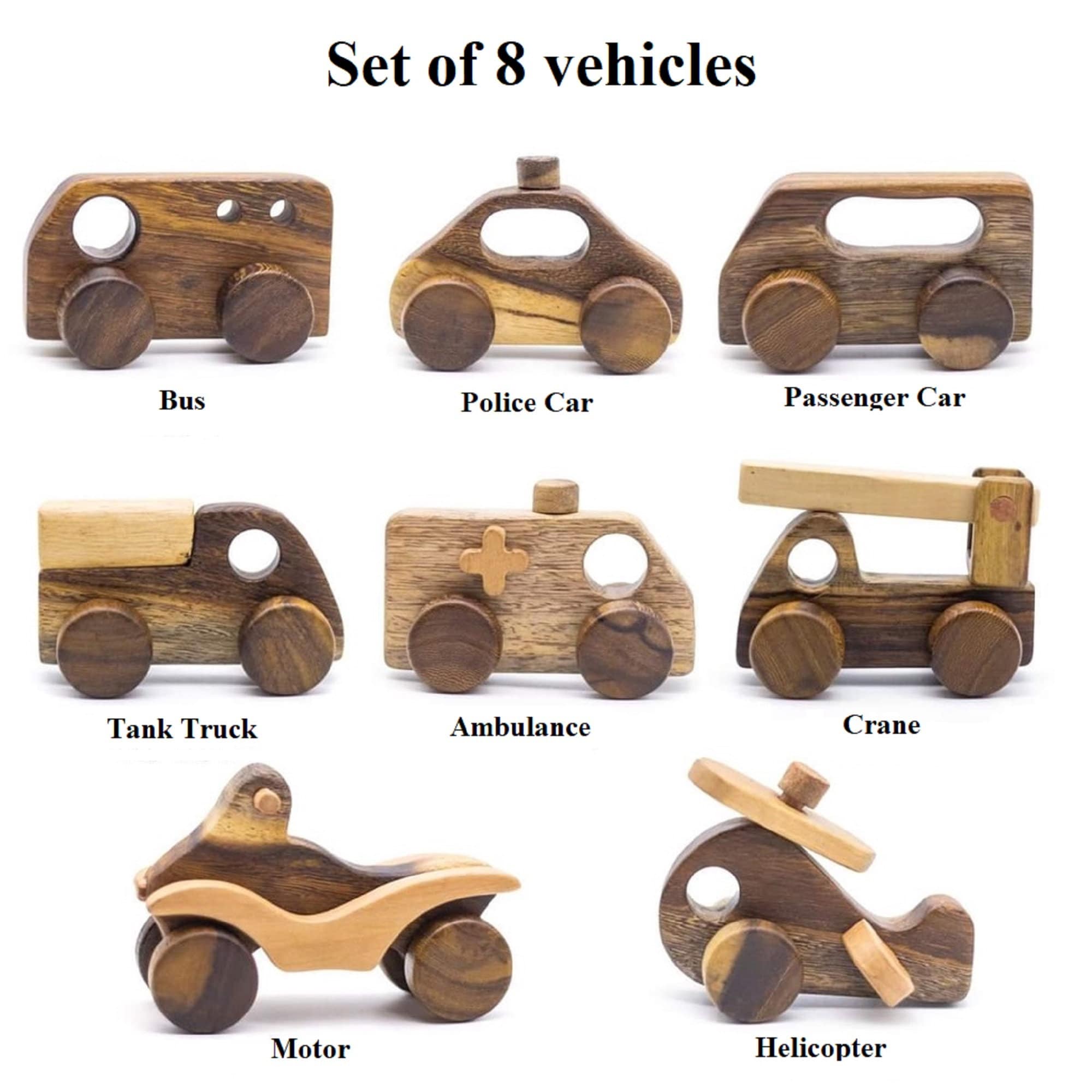 Wooden Cars Toy Wooden Vehicles Set of 8 Educational Birthdays Gift for ...