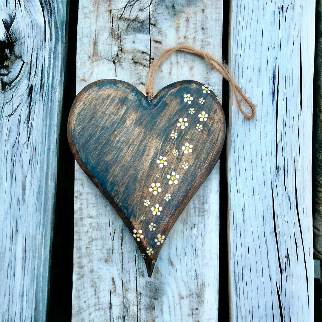 Rustic Love: Artfully Painted Wooden Heart With Delicate Floral Accents ...