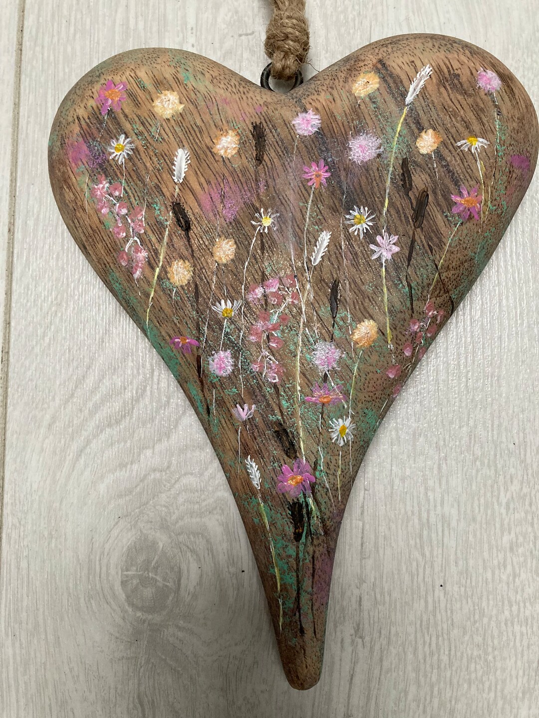 Charming Hand-painted Wooden Heart, Delicate Floral Design, Rustic ...