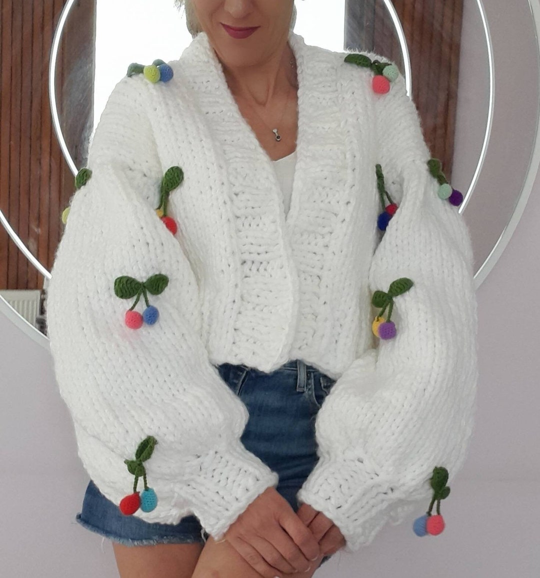 Cherry Cardigan Handmade Knitted Cardigan White Women's - Etsy