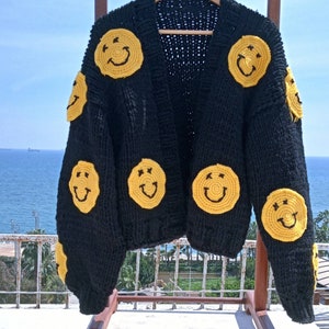 Handmade Knitted Cardigan, Black Thick Cardigan, Yellow Emoji Cardigan ...