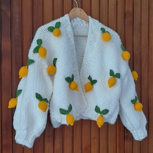 Handmade White Lemon Cardigan, Chunky Knit Lemon Pattern Women Cardigan ...