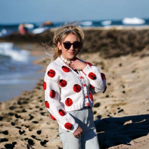 Handmade Ladybug Embroidered Cardigan, White Knit Sweater, Women's ...