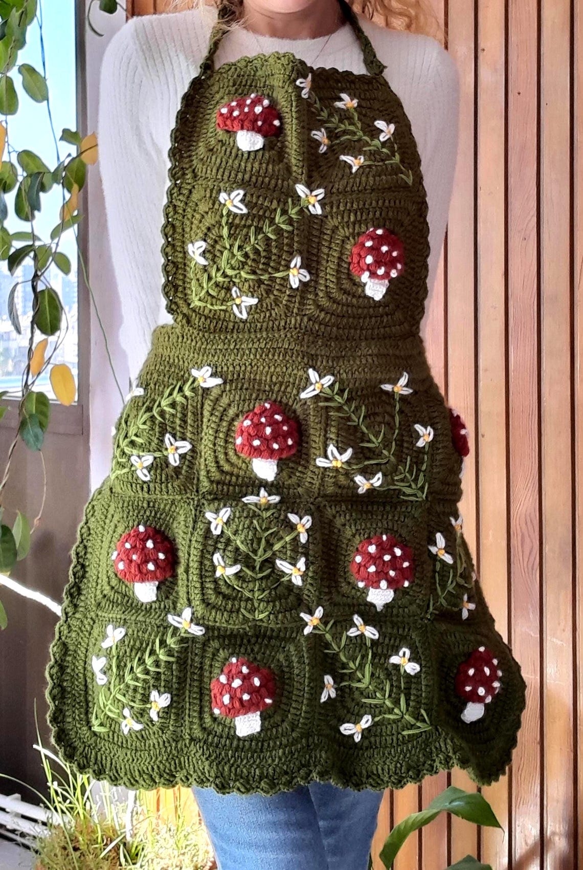 Handmade Knitted Mushroom Apron: Embroidered Green Kitchen Apron - Etsy