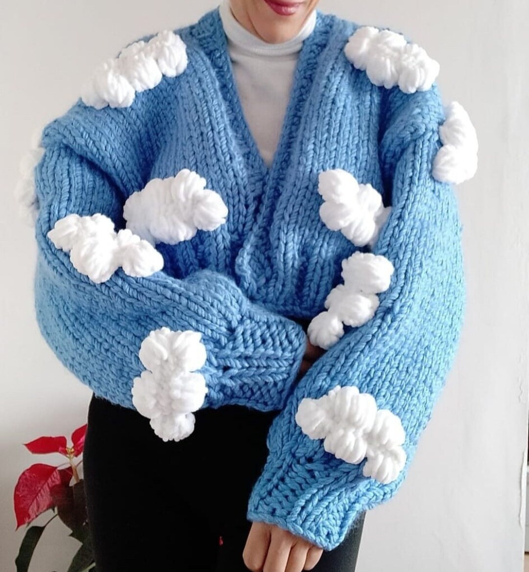 Cloud Cardigan, Handmade Knitted Blue Cardigan, 3D Design White Cloud ...