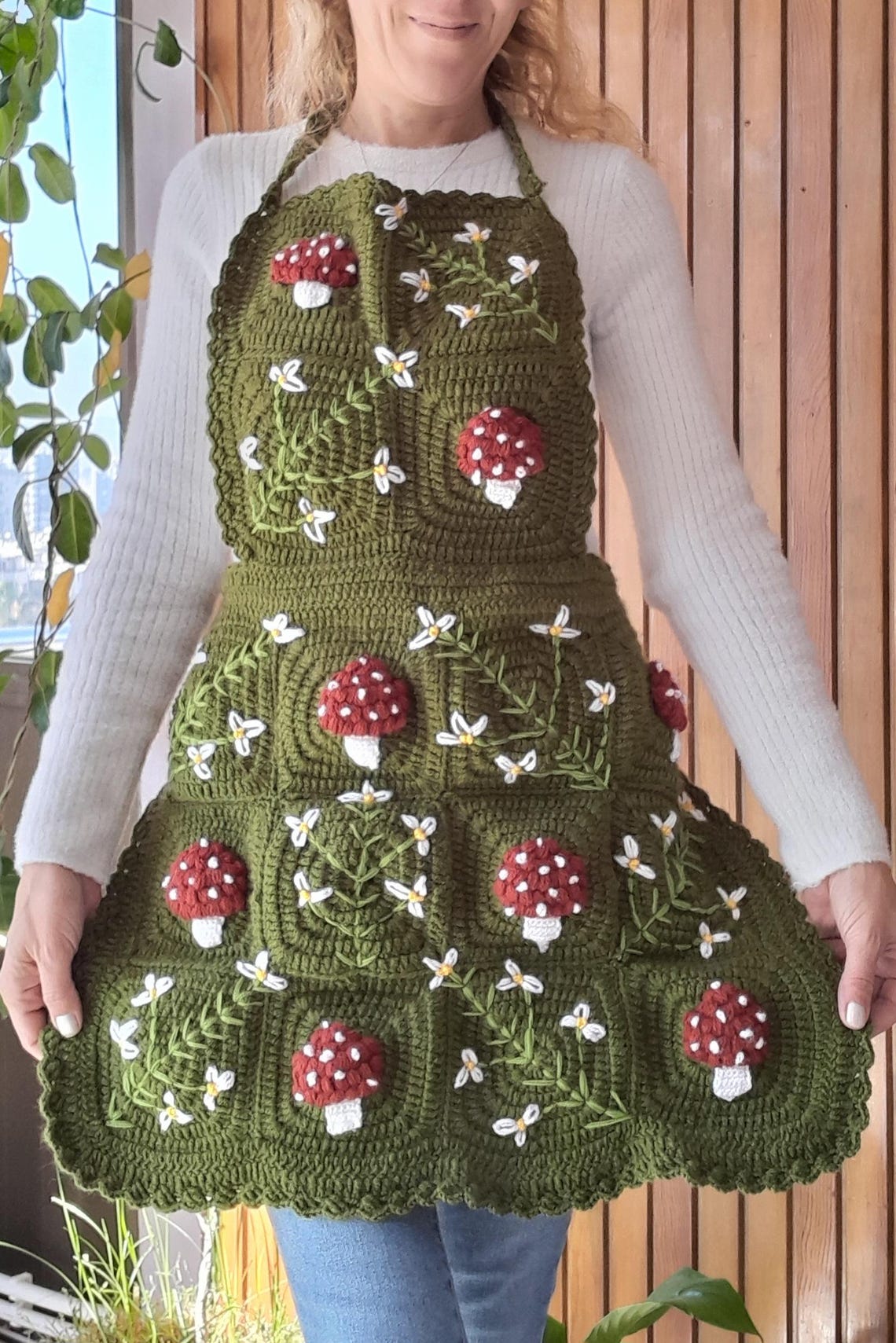 Handmade Knitted Mushroom Apron: Embroidered Green Kitchen Apron - Etsy