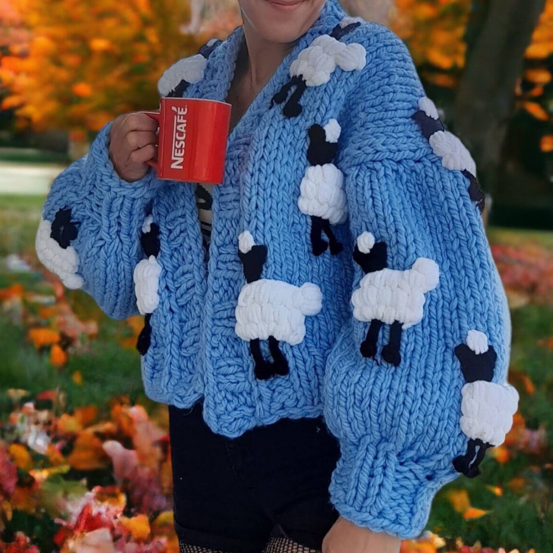 Hand Knitted Sheep Embroidered Cardigan , Lamb Motif Knit Sweater ...