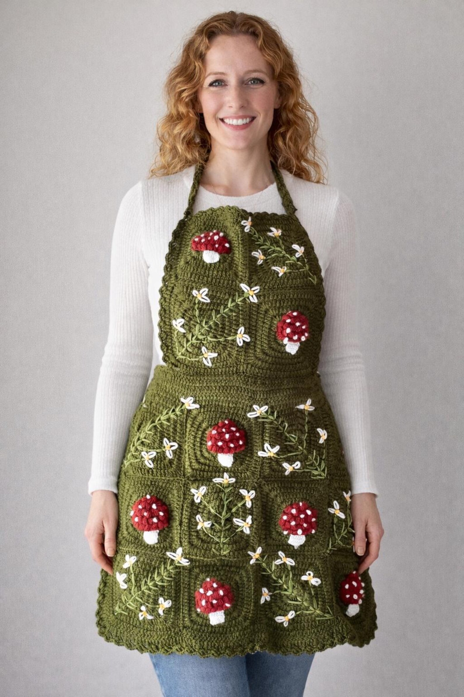 Handmade Knitted Mushroom Apron: Embroidered Green Kitchen Apron - Etsy
