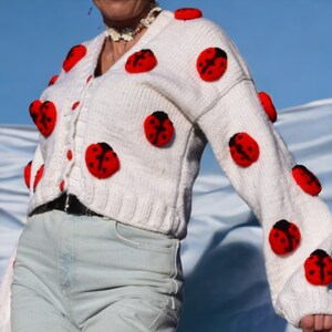 Handmade Ladybug Embroidered Cardigan, White Knit Sweater, Women's ...