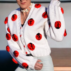 Handmade Ladybug Embroidered Cardigan, White Knit Sweater, Women's ...