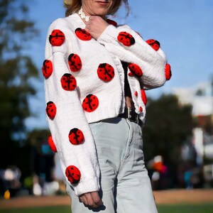 Handmade Ladybug Embroidered Cardigan, White Knit Sweater, Women's ...