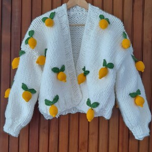 Handmade White Lemon Cardigan, Chunky Knit Lemon Pattern Women Cardigan ...