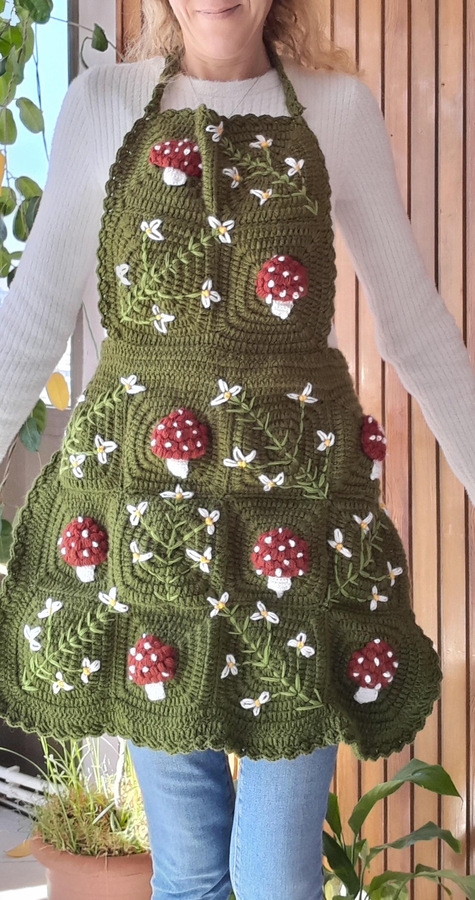 Handmade Knitted Mushroom Apron: Embroidered Green Kitchen Apron - Etsy