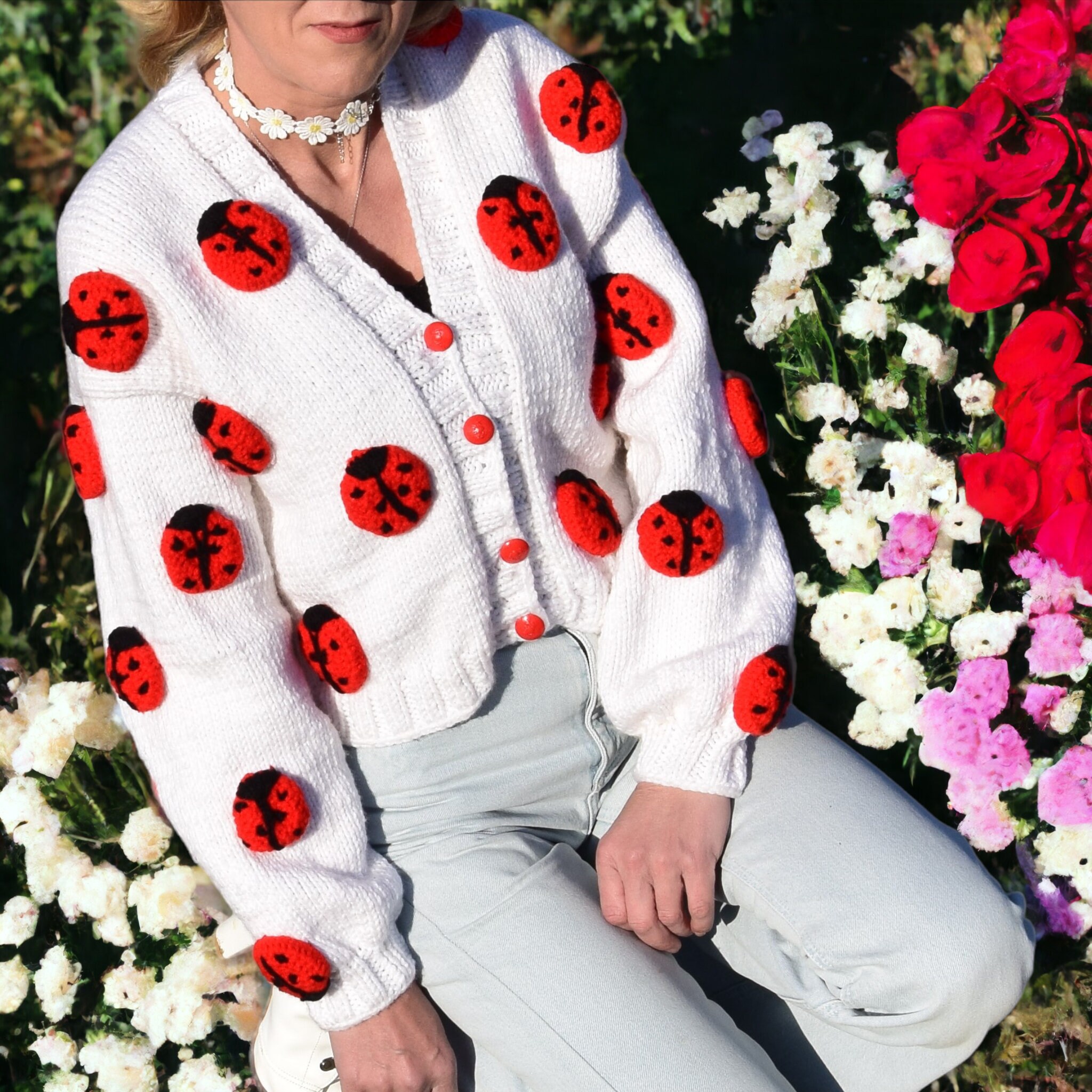 Handmade Ladybug Embroidered Cardigan, White Knit Sweater, Women's ...
